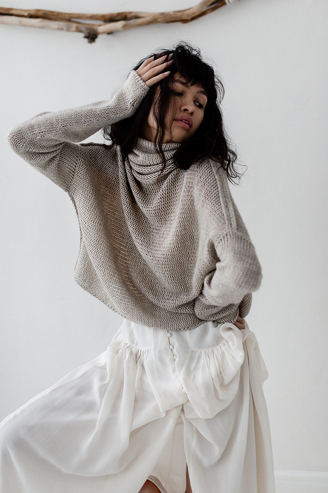 Beige Pastel Sweater for Women, Wool Knit Oversized Sweater, Crop ...