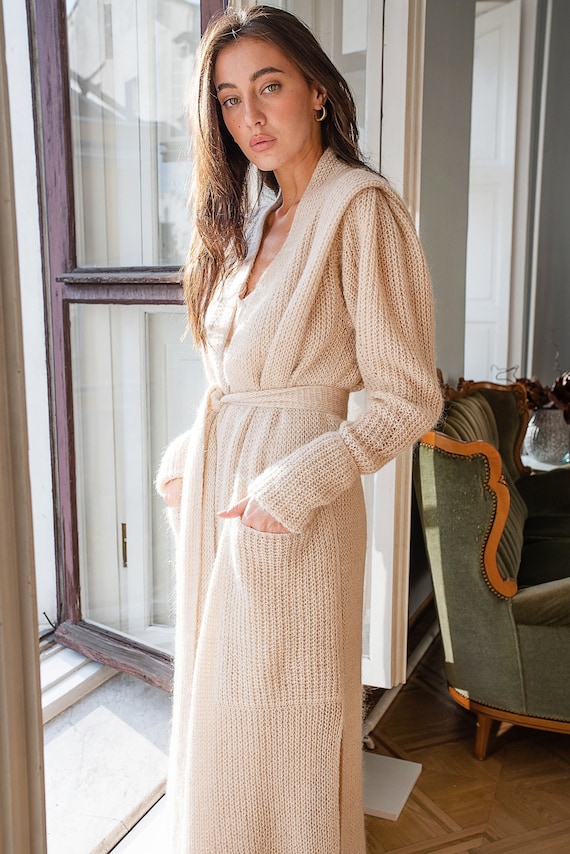 Mohair Beige Cardigan Beige Long Knit Cardigan Knitted - Etsy