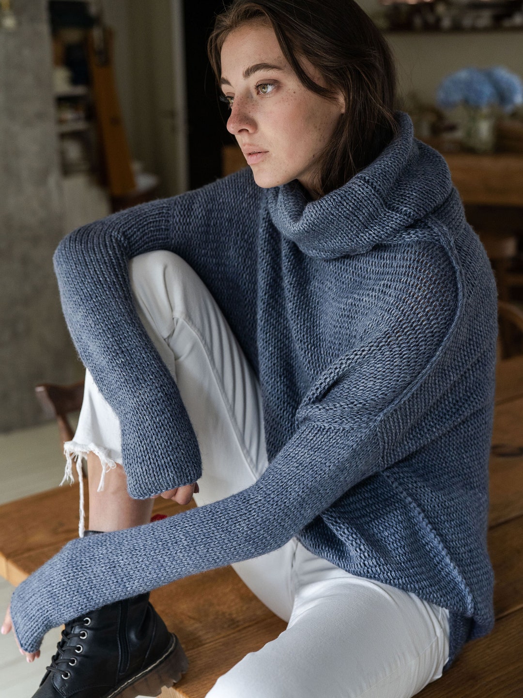 Blue Pastel Sweater, Oversized Sweater, Crochet Knit Sweater for Women ...