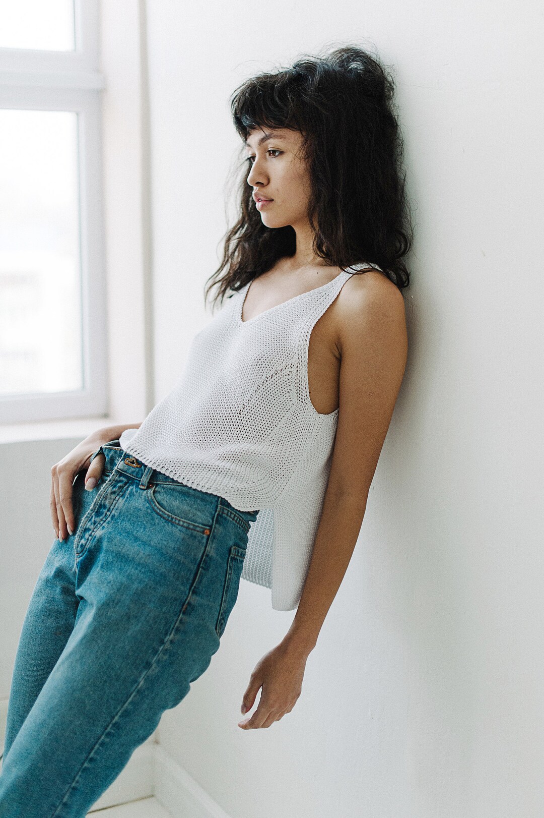 V Neck Top, Minimal Cotton Top, White Tank Top, Knit Loose Top, Hippie ...
