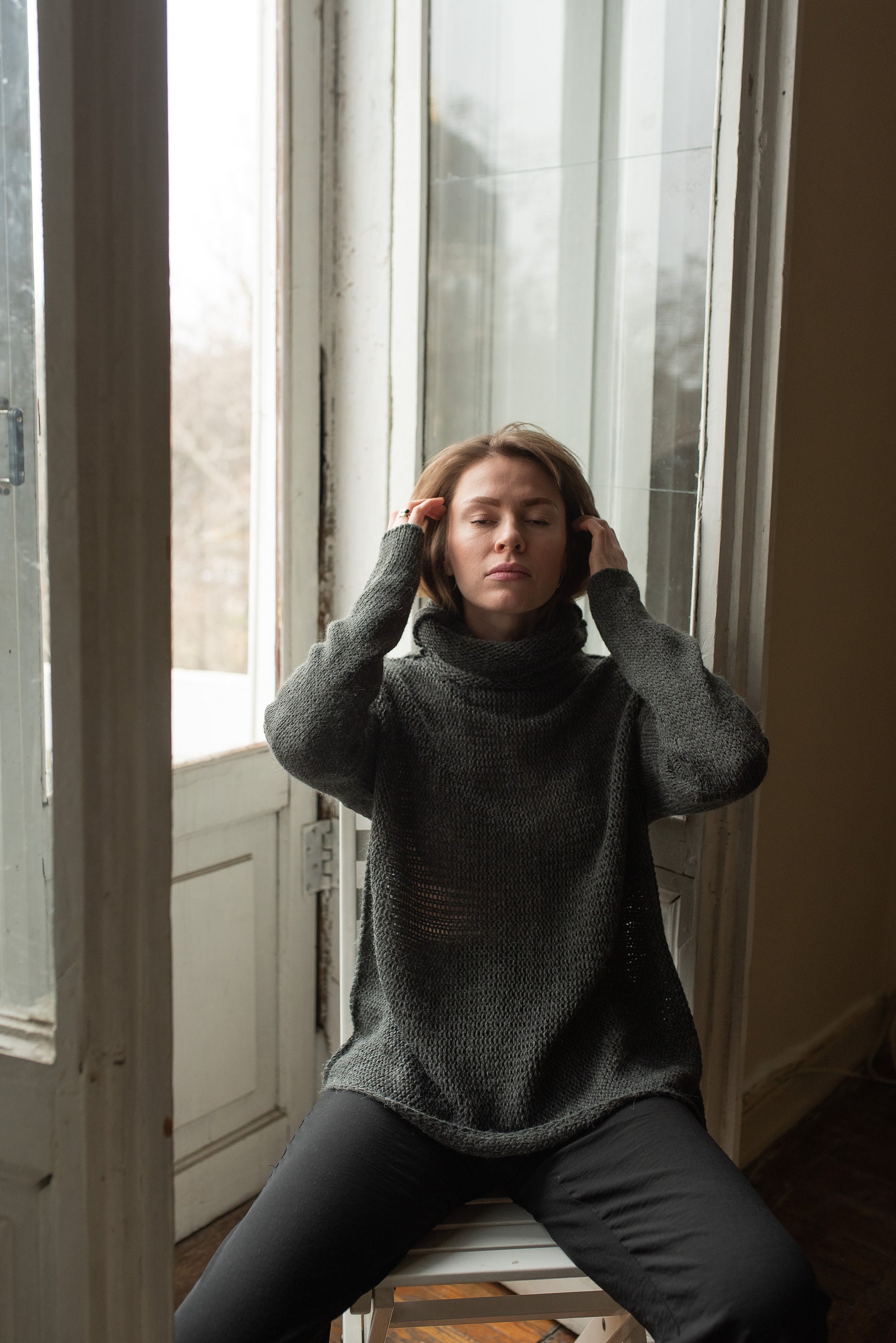 Graphite Sweater for Women, Wool Knit Oversized Sweater, Crop ...