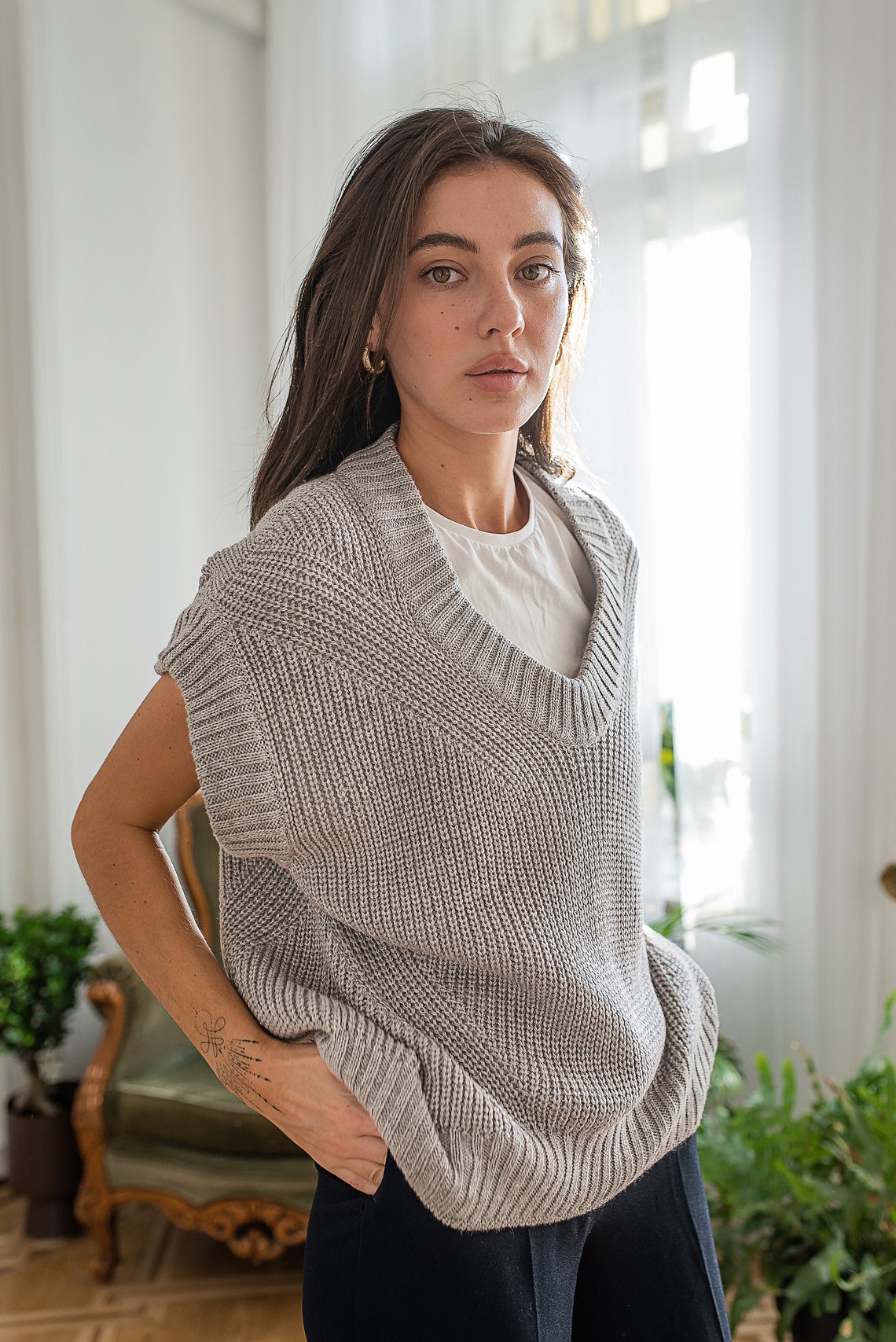 Grey Knitted Vest Loose Fit V-neck Vest Sweaters for Women | Etsy