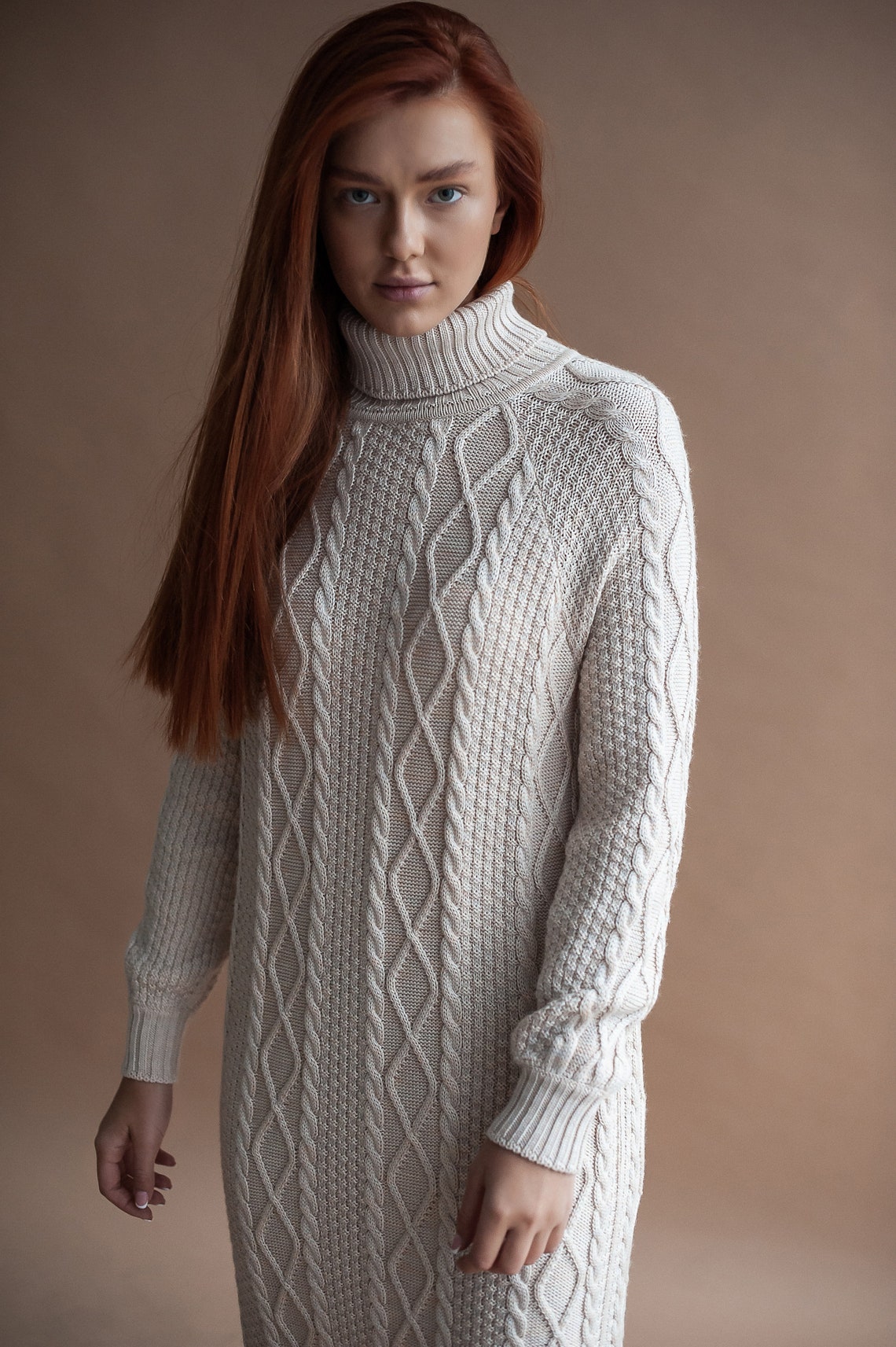 Crème coltrui jurk voor dames, gebreide enkellange jurk, kleding gebreide wollen jurk ...