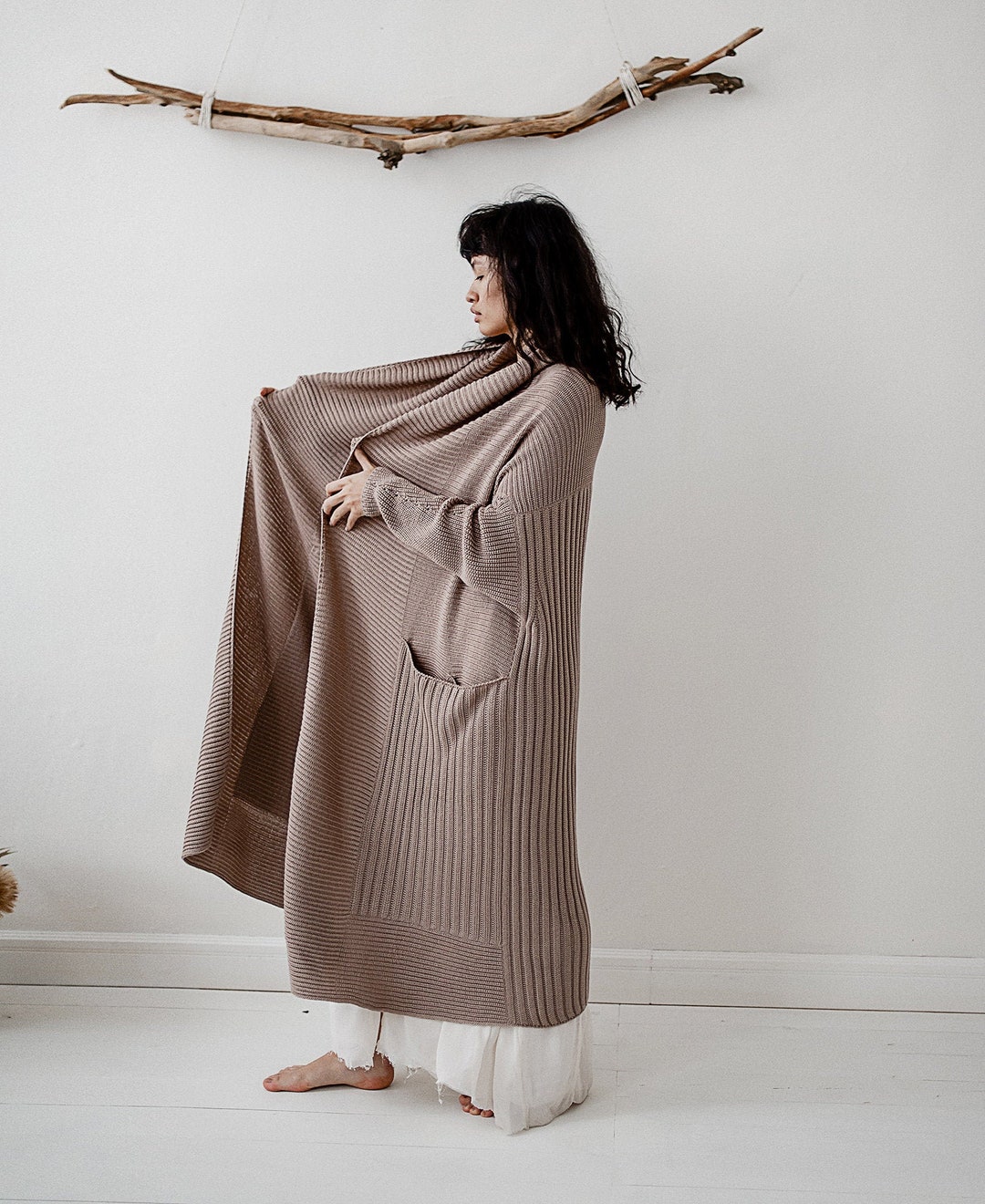 Beige Oversized Cardigan, Wool Knit Cardigan for Women, Open Front ...