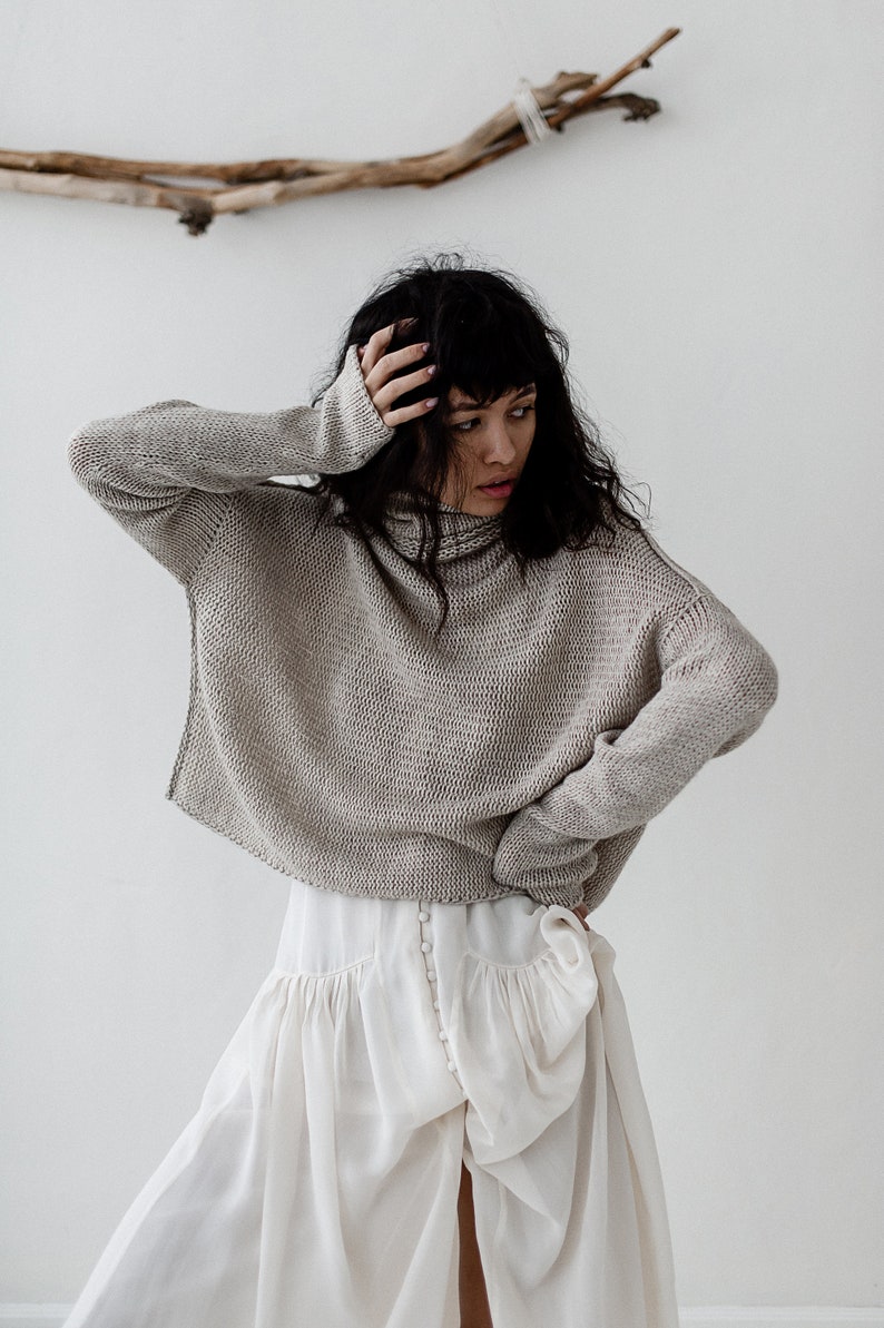 Beige Pastel Sweater for Women, Wool Knit Oversized Sweater, Crop ...