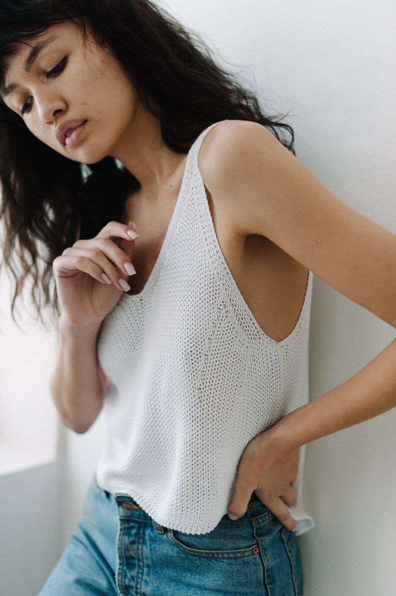 V Neck Top, Minimal Cotton Top, White Tank Top, Knit Loose Top, Hippie ...