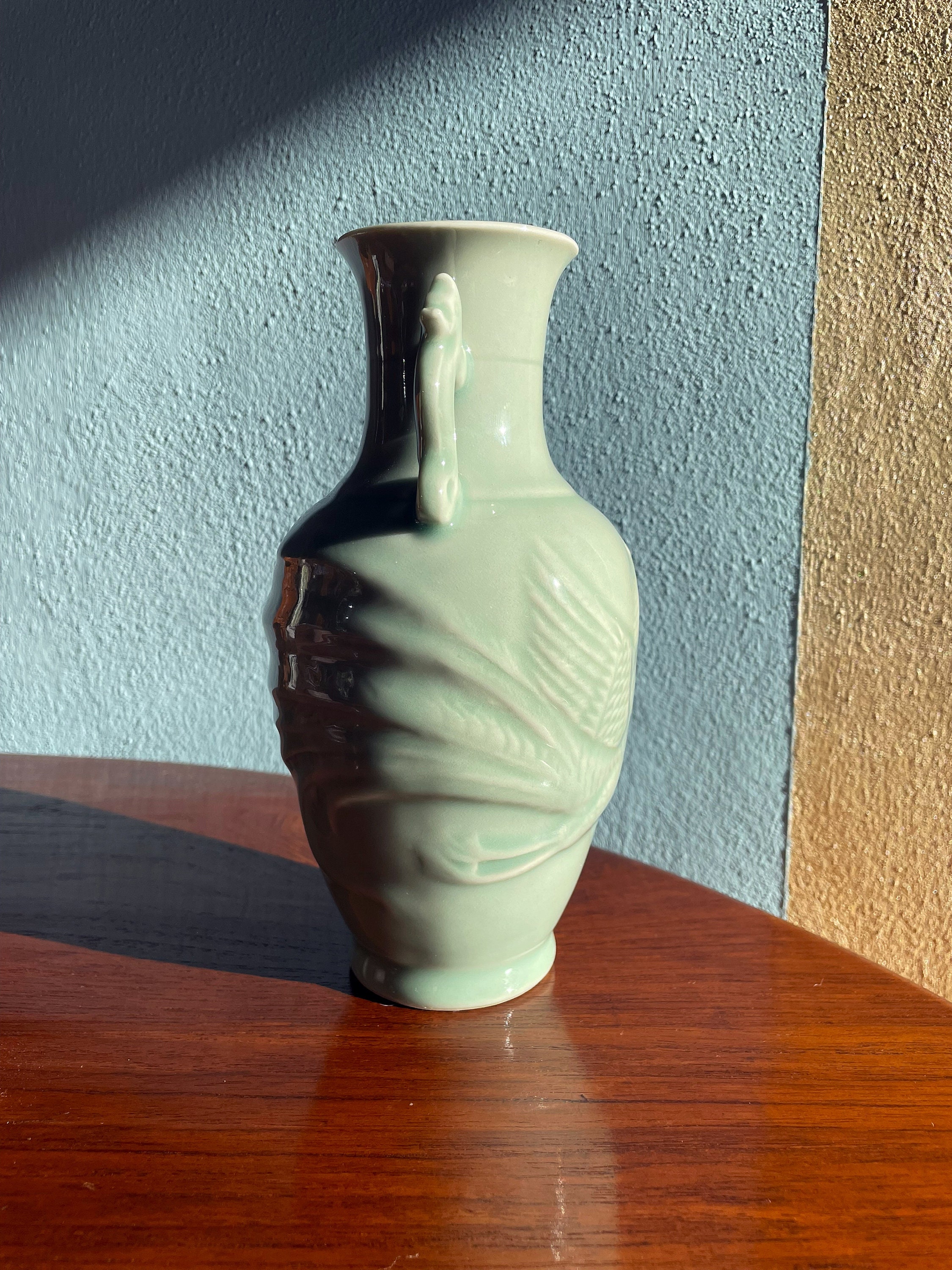 Vintage Chinese Celadon Vase in Jade-colored Porcelain With a Phoenix ...
