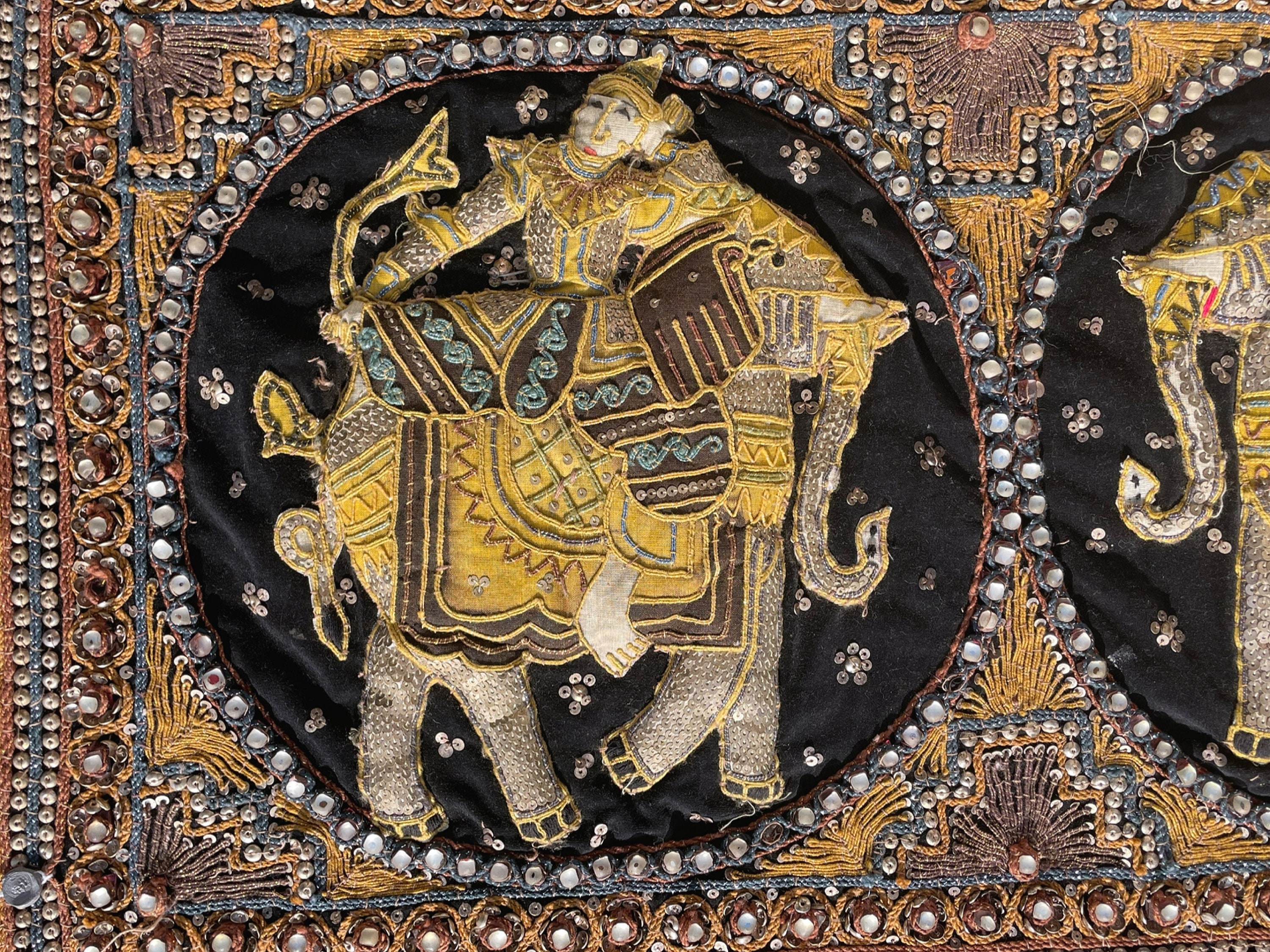 Vintage Thai Kalaga With Elephants, Tapestry With Bronze Sequins, Glass ...