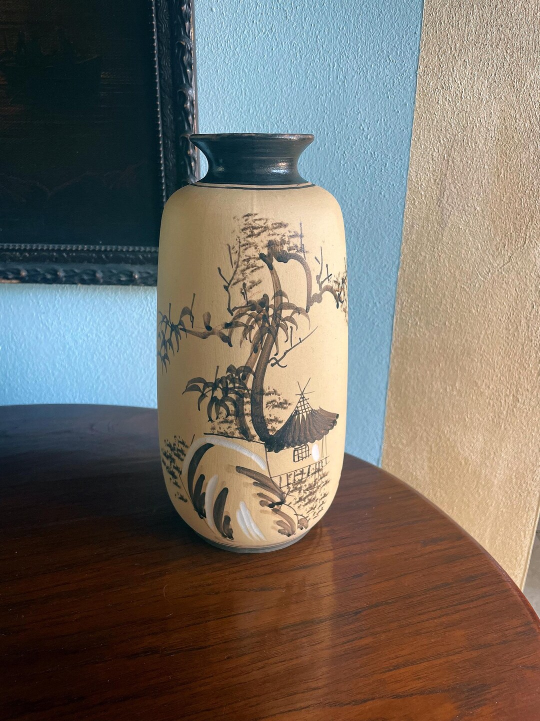 Vintage Japanese Style Vase Hand Painted With Boats and Trees on Rocks ...