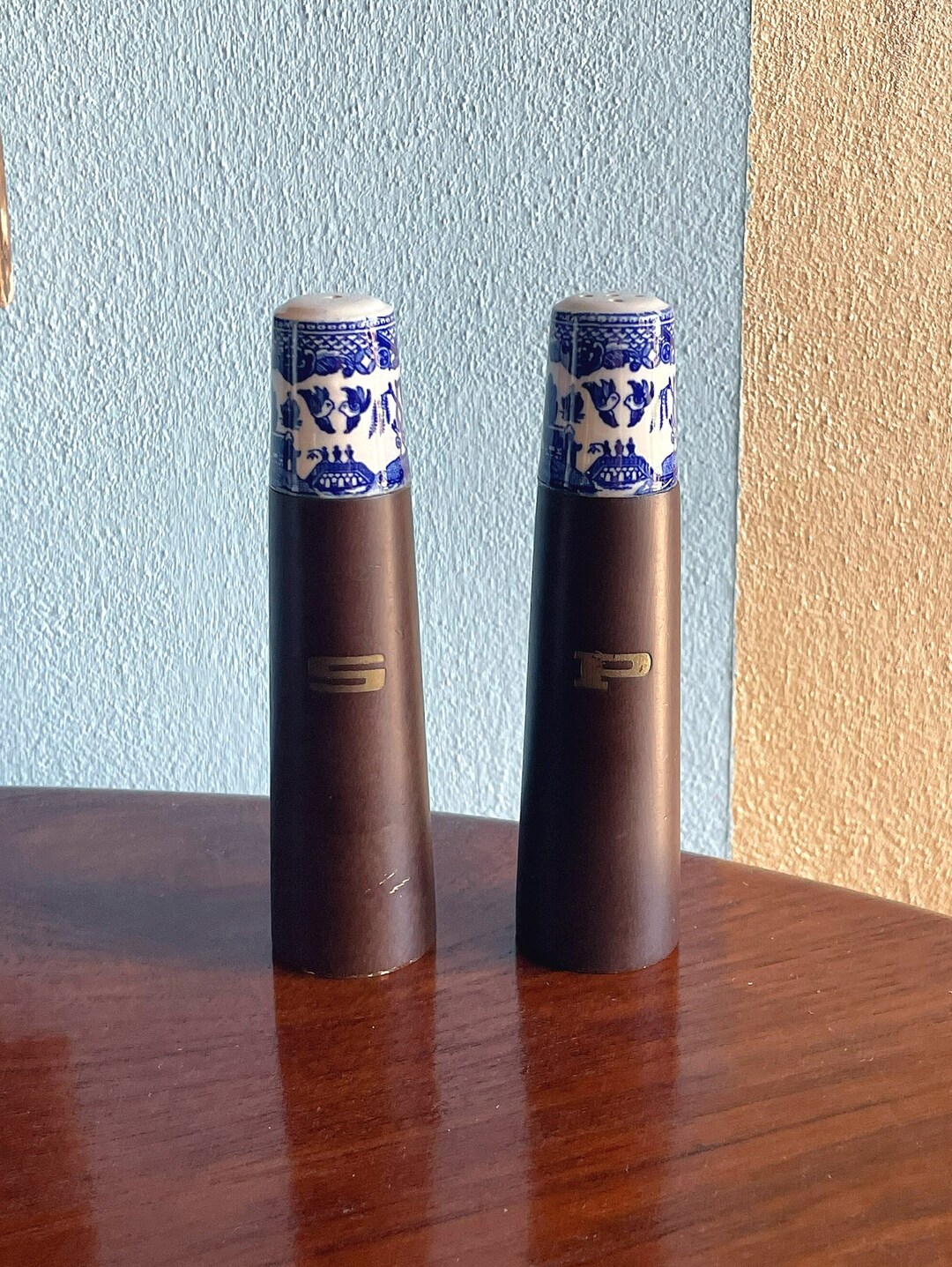 Chinese Salt and Pepper Shakers in Wood and White and Blue Ceramic ...