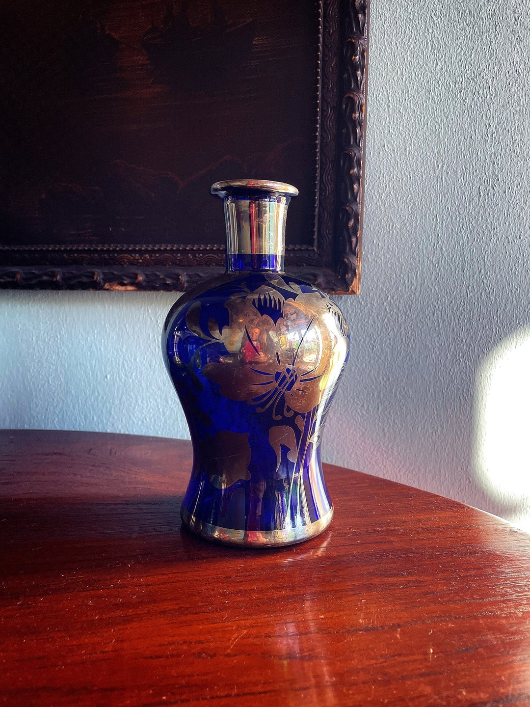 Art Decò Vase in Blue Glass and Silver Decorated With Flowers and ...