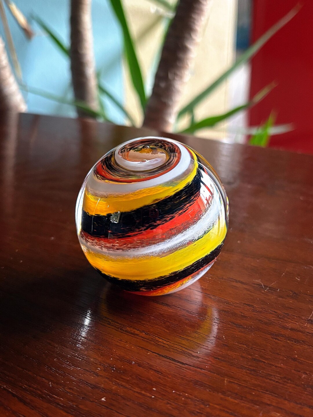 Vintage Glass Paperweight, Signed R. Guy (?) , With Yellow, Red, Black ...