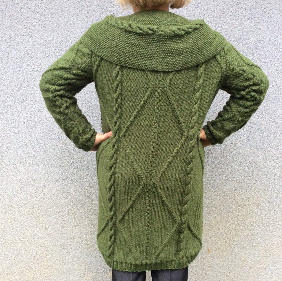 Green Long Cardigan Wool Boyfriend Coat Cable Knit Overcoat - Etsy