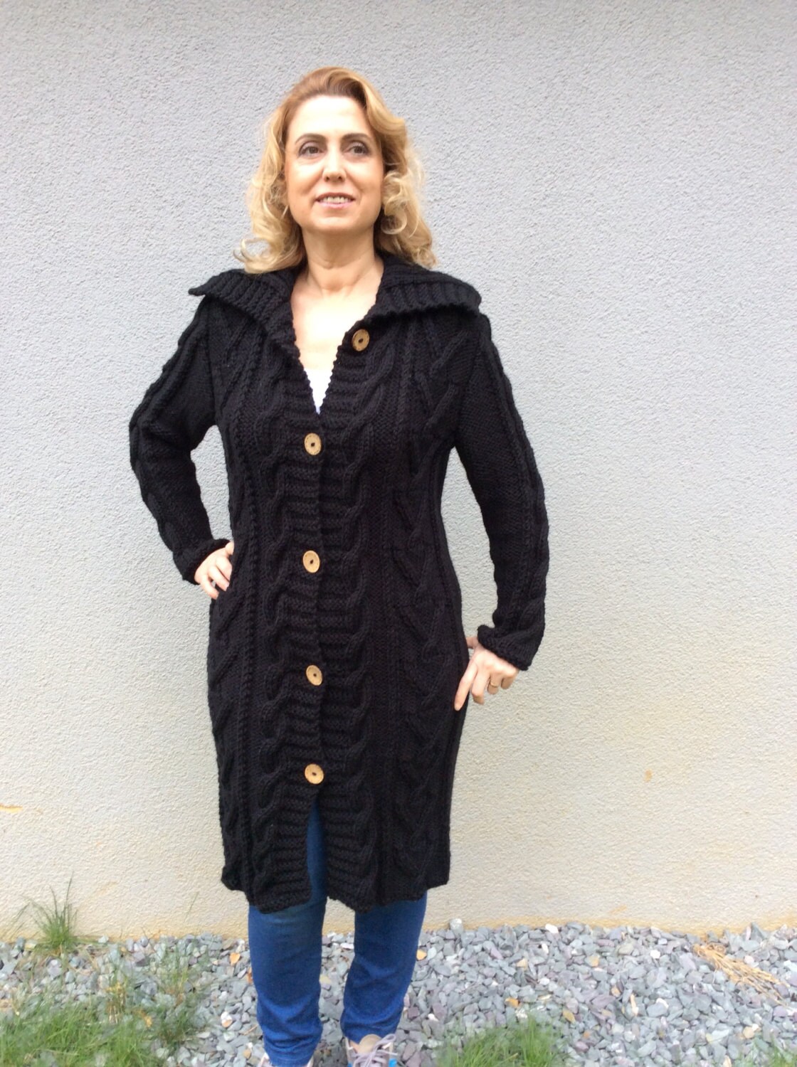 Plus Size Sweater Coat Hand Knitted Black Oversized Boyfriend - Etsy