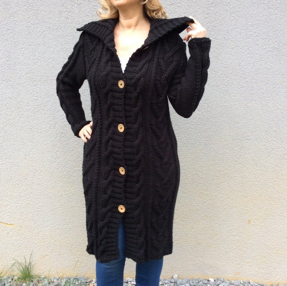 Plus Size Sweater Coat Hand Knitted Black Oversized Boyfriend - Etsy