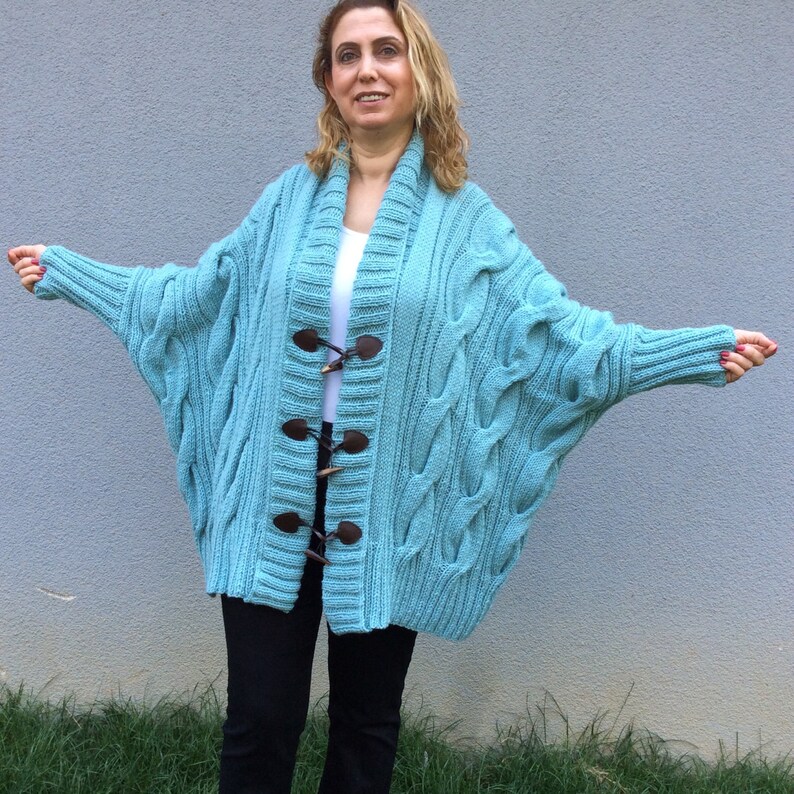 Plus Size Aqua Blue Cardigan Cable Knit Oversized Poncho - Etsy