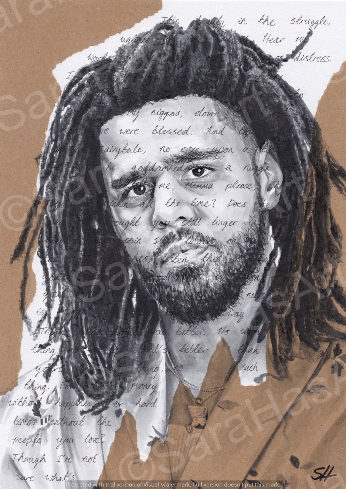 J. Cole Drawing Portrait With Love Yourz Lyrics Limited - Etsy Israel