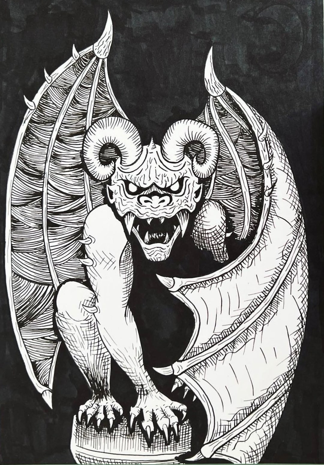 Gargoyle ORIGINAL Ink Drawing Inktober 2022 - Black and White Pen ...