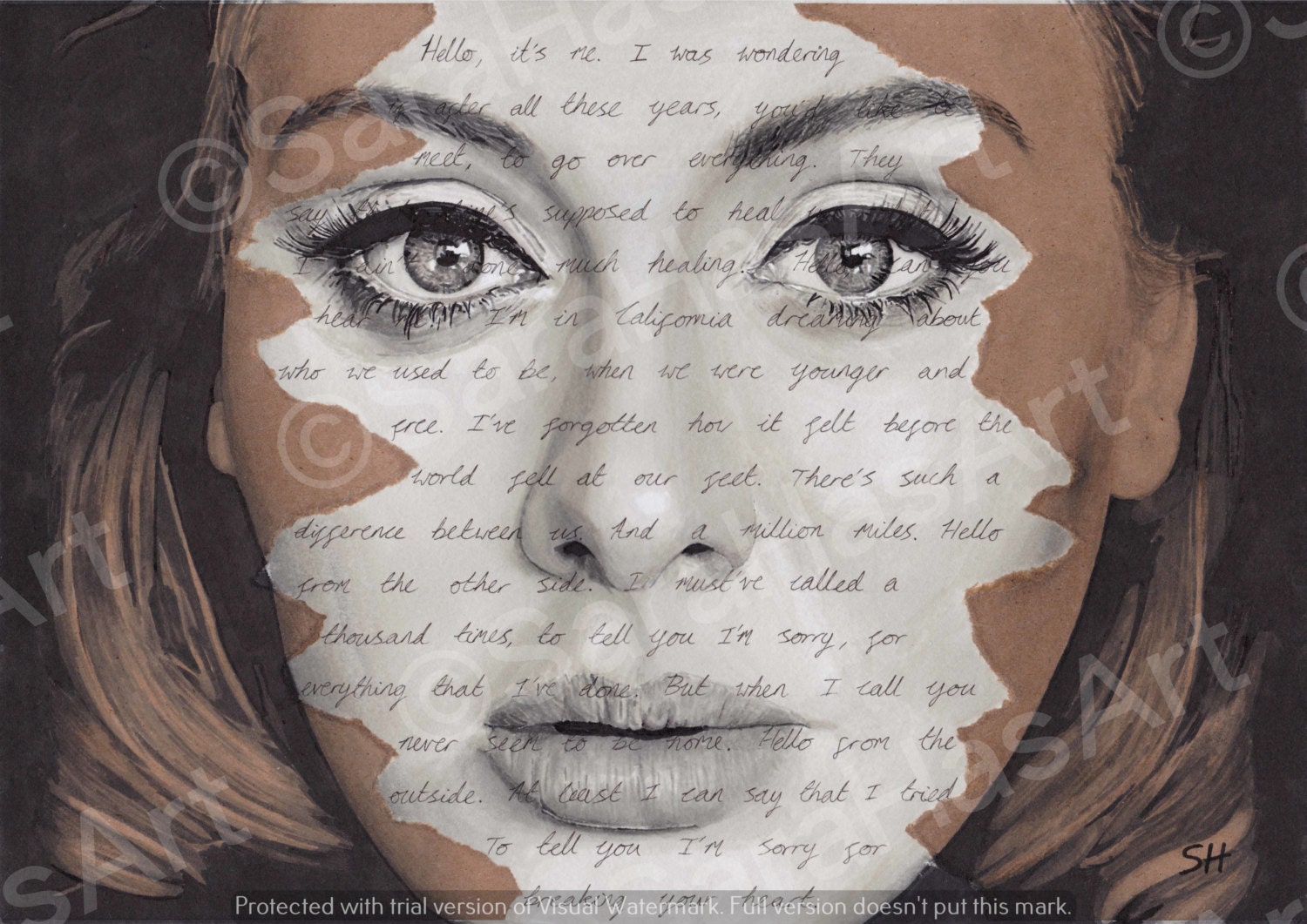 Adele Portrait Drawing With Hello Lyrics - Signed Giclée Art Print A5 ...