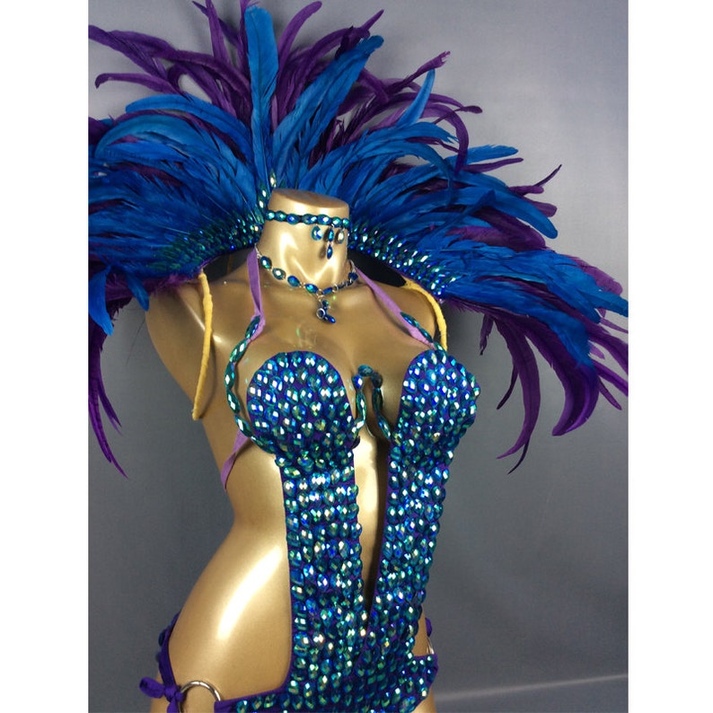 Samba Carnivel Costume Feathers Headdress Royal Blue Stones Etsy Uk