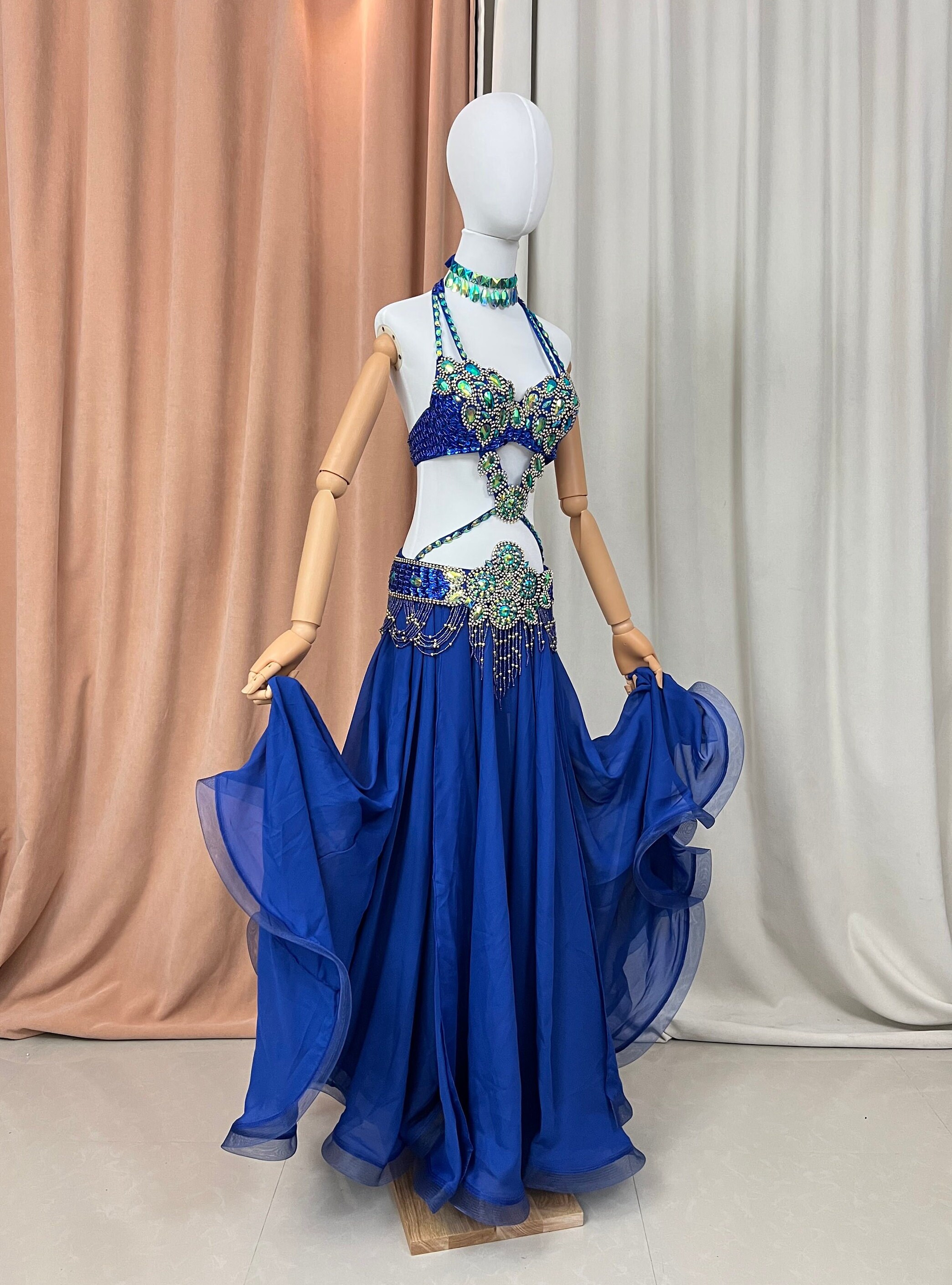 Hand Made Beaded Belly Dance Samba Costume ROYAL BLUE Color Bra+ Belt ...