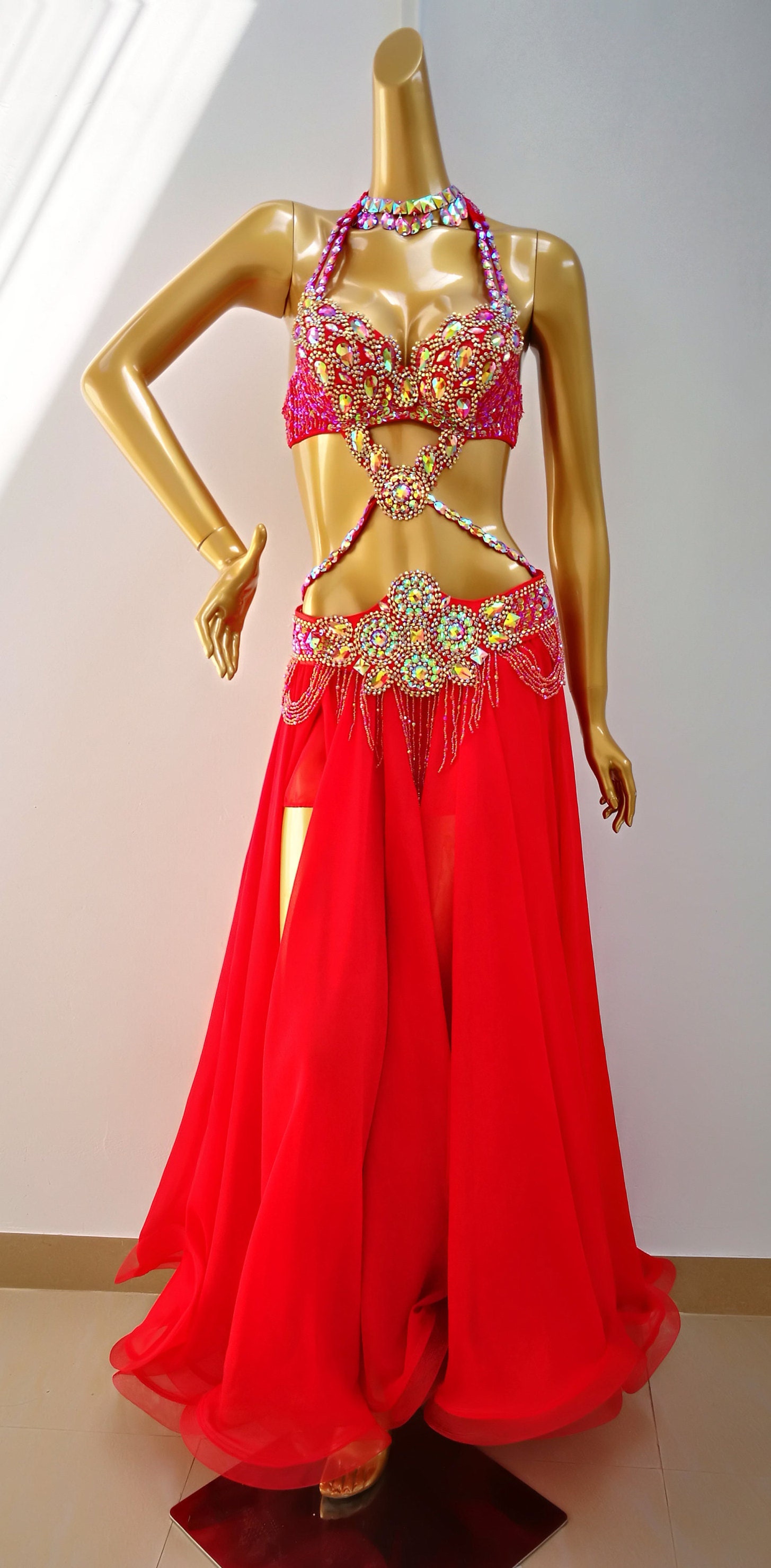 Hand Made Beaded Belly Dance Samba Costume Red Color Bra Belt Etsy