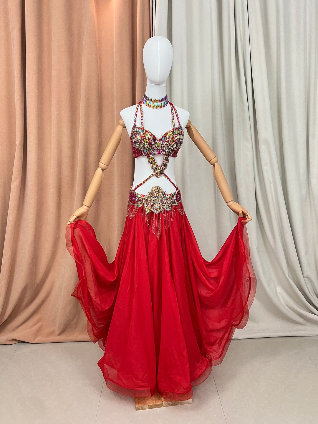 Hand Made Beaded Belly Dance Samba Costume Red Color Bra+ Belt +skirt ...