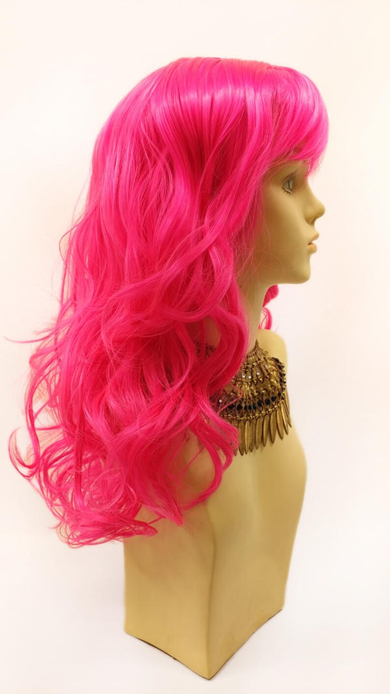 Long 17 Inch Wavy Hot Pink Color Wig With Bangs Anime Cosplay Etsy