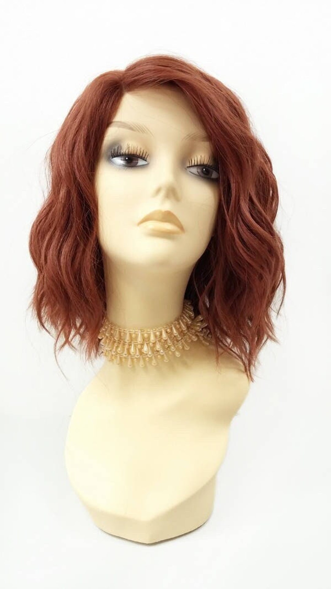 12 Inch Lace Front Bright Auburn Short Wavy Lob Wig With Side Part Heat ...