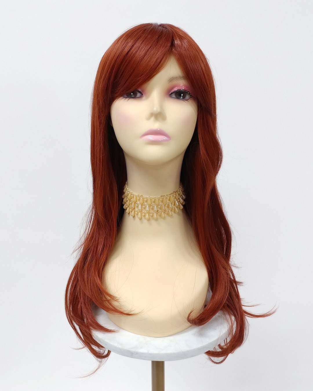 24 Inch Bright Auburn Long Straight Wig With Bangs. Heat Resistant ...