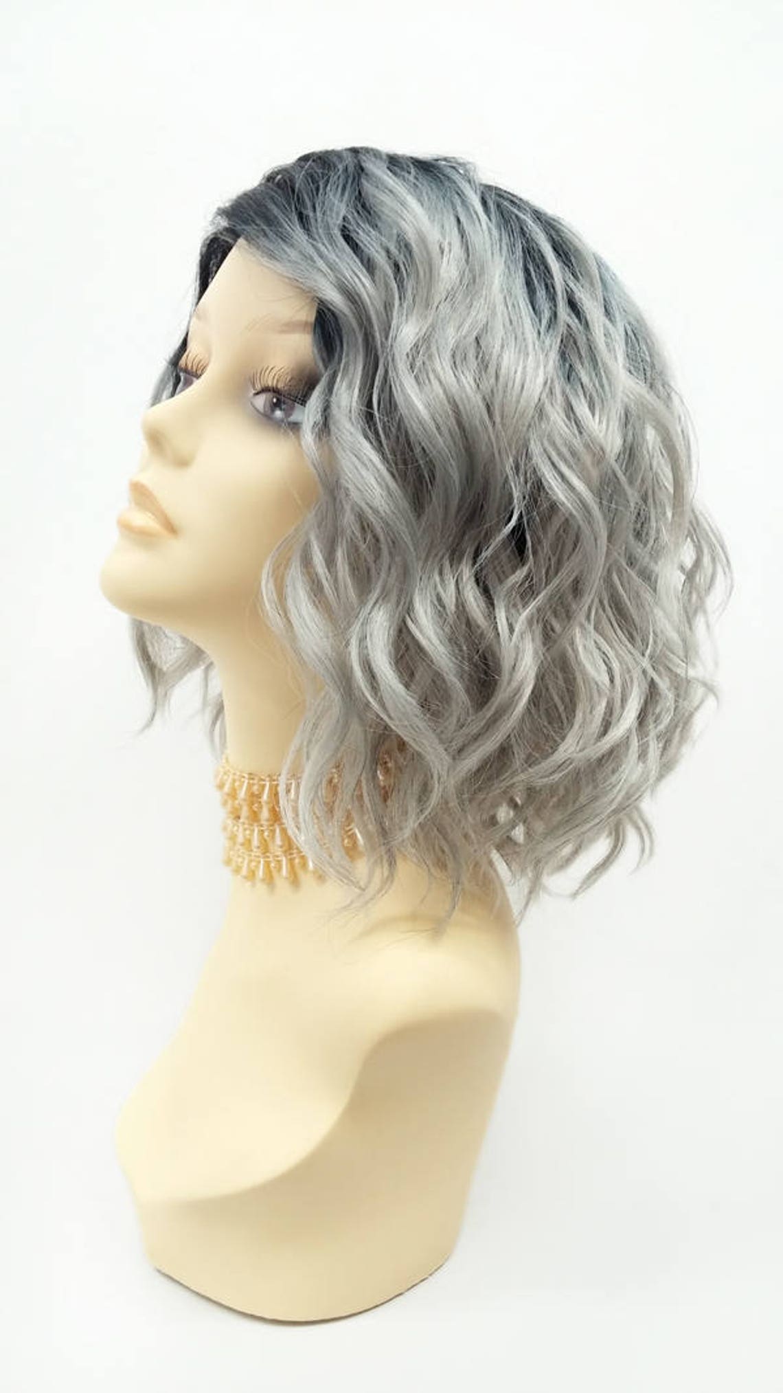 12 Inch Lace Front Grey With Dark Roots Short Wavy Lob Wig - Etsy
