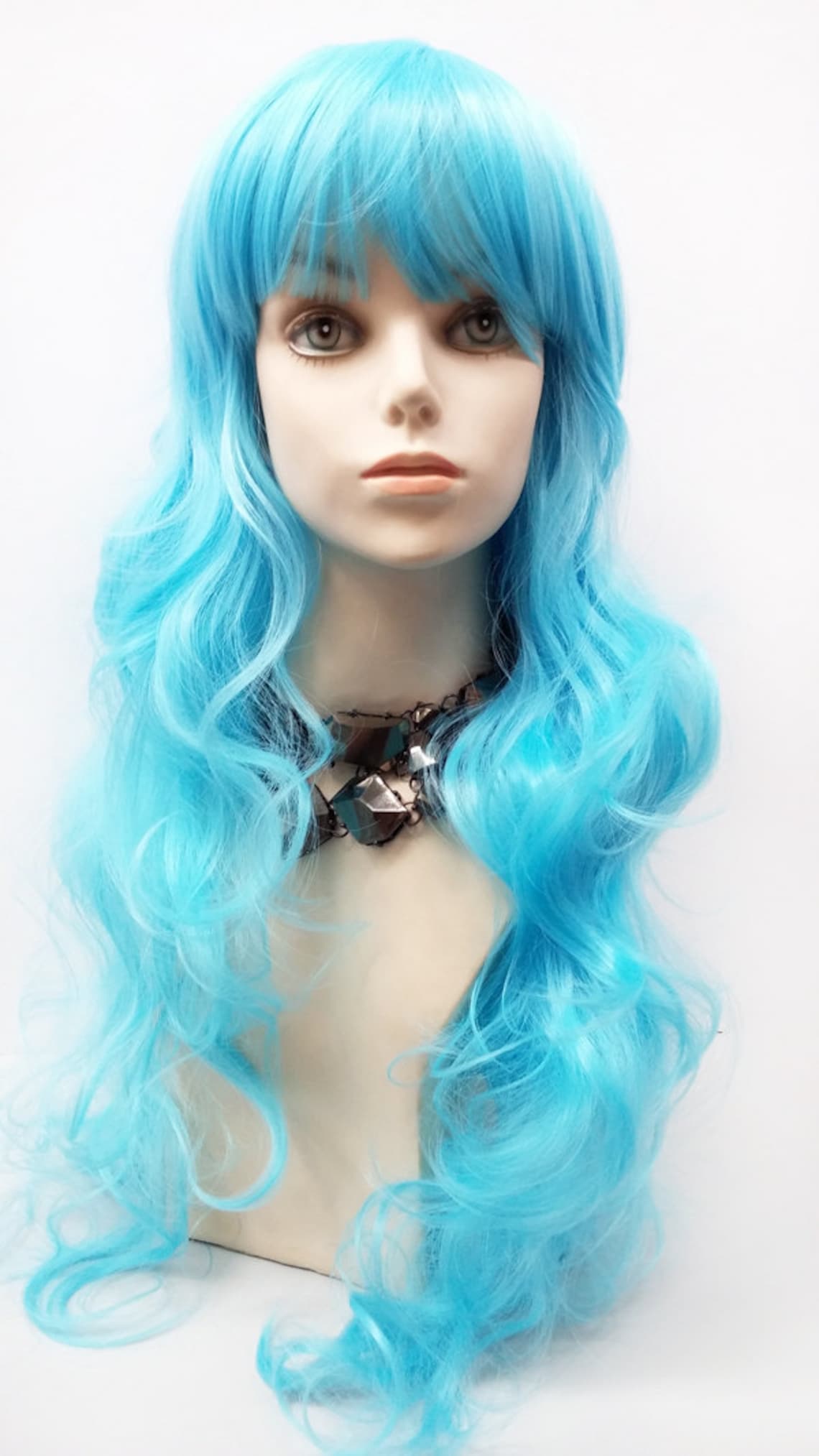 Long 25 Inch Wavy Light Blue Color Wig With Bangs. Sky Blue | Etsy