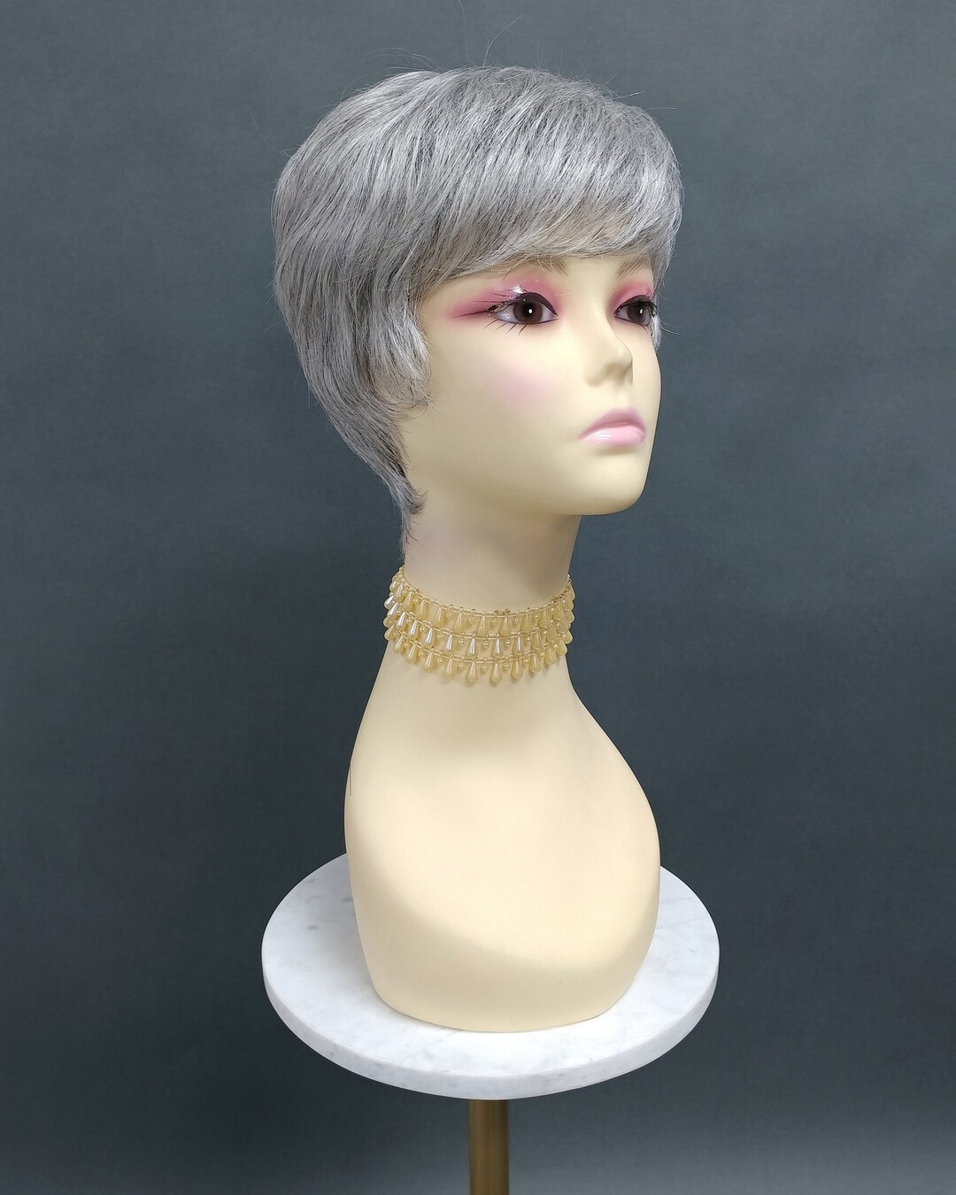 Silver Gray With off Black Pixie Cut Short Wavy Layered Wig With Bangs ...