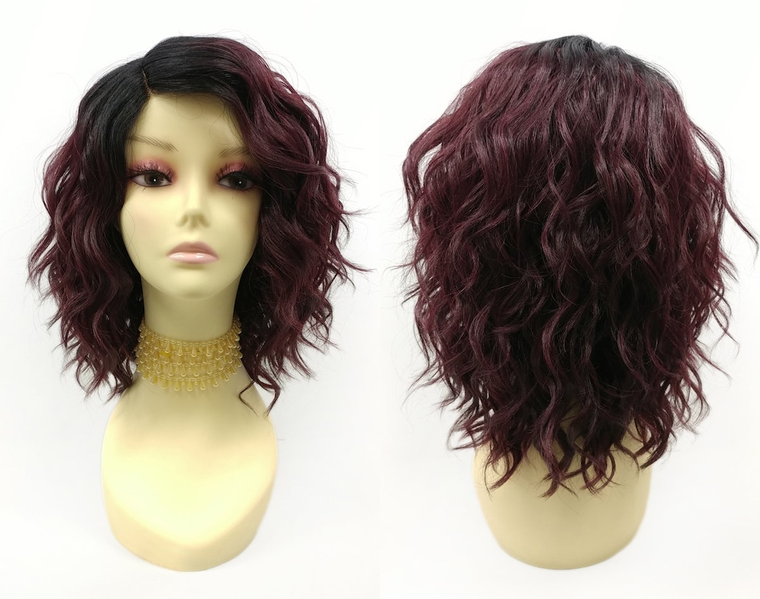 12 Inch Lace Front Dark Wine With Dark Roots Short Wavy Lob Heat ...