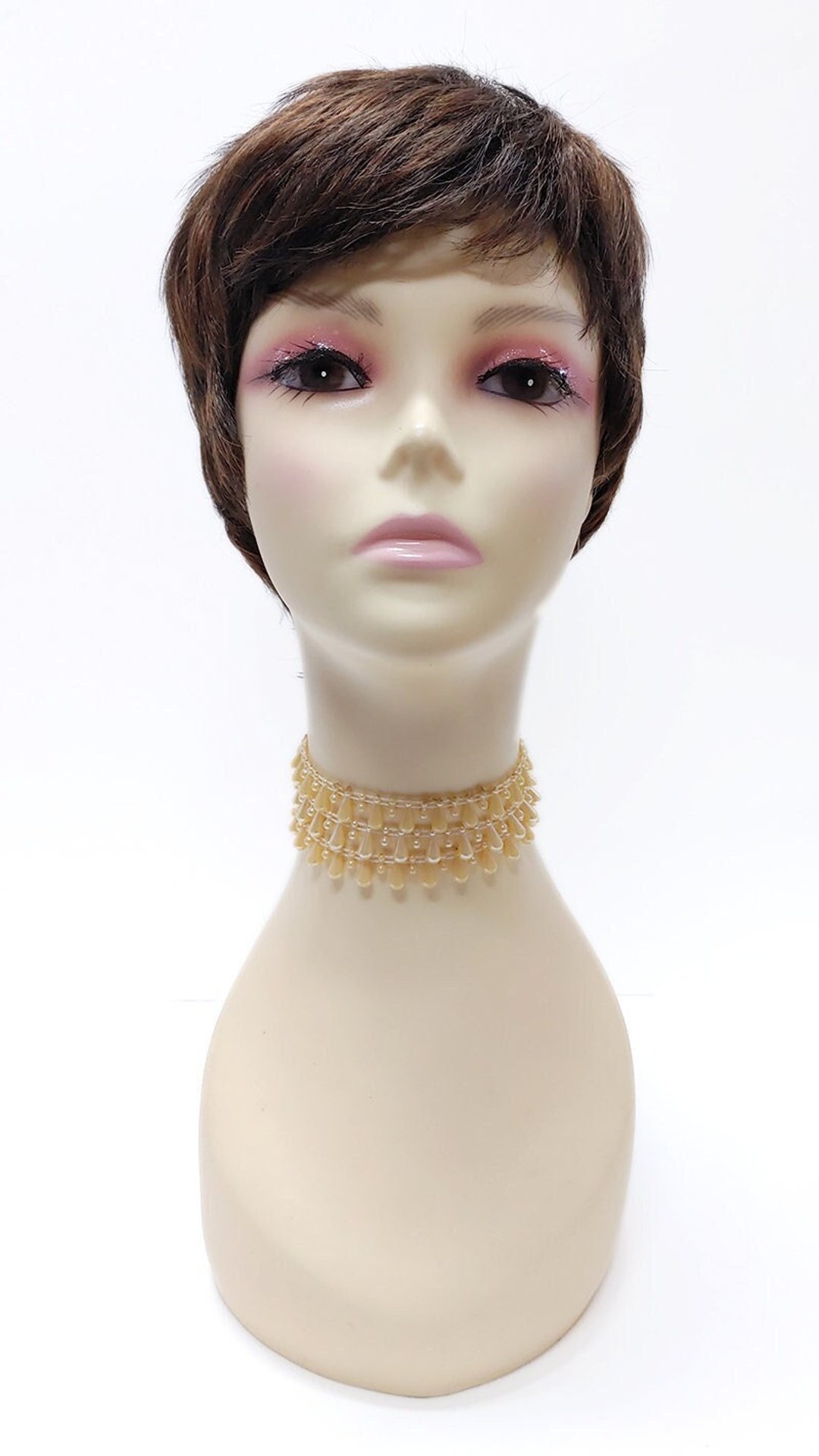 Short Tapered Pixie Cut Dark Brown and Copper Mix Synthetic Wig [170 ...