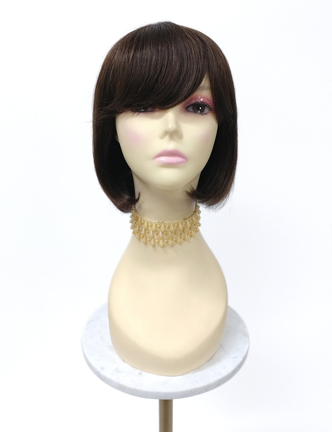 100% Human Hair Dark Brown and Light Brown Mix Straight Pageboy Bob Wig ...