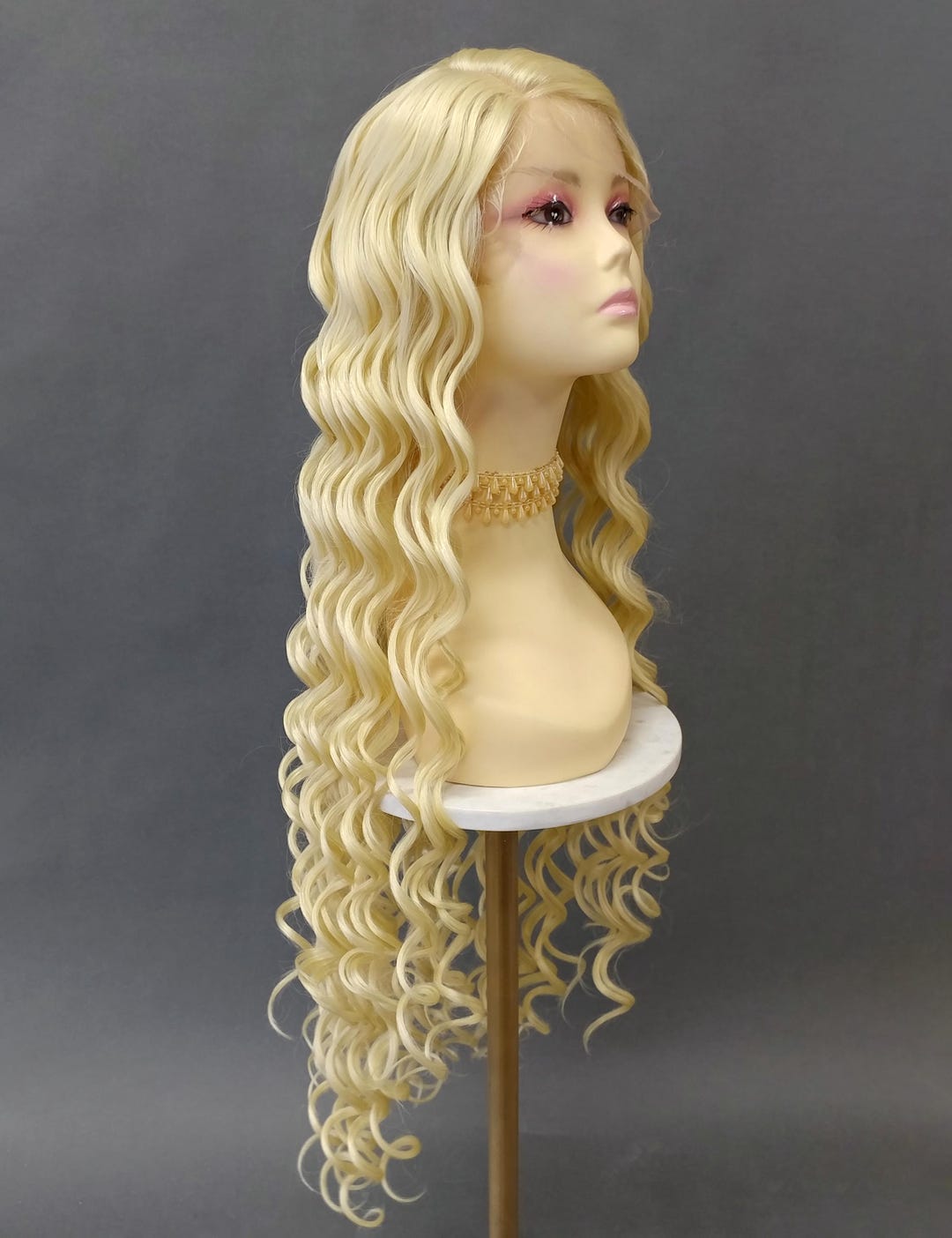 HD Lace Front Side Part Long Light Blonde Wavy Curly Heat Resistant Wig ...