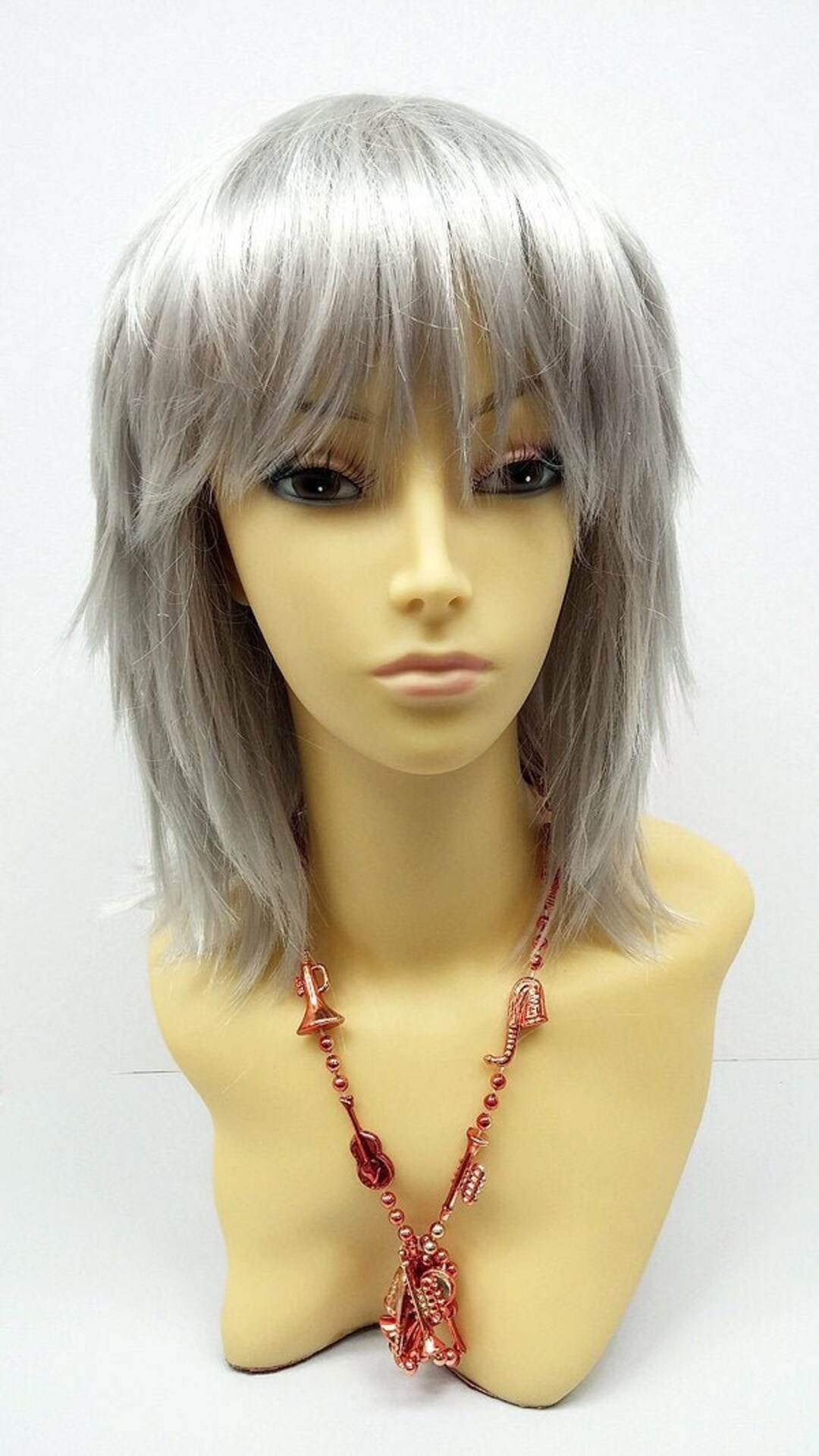 12 Inch Silver Grey Shag Style Straight and Layered With Bangs Costume ...