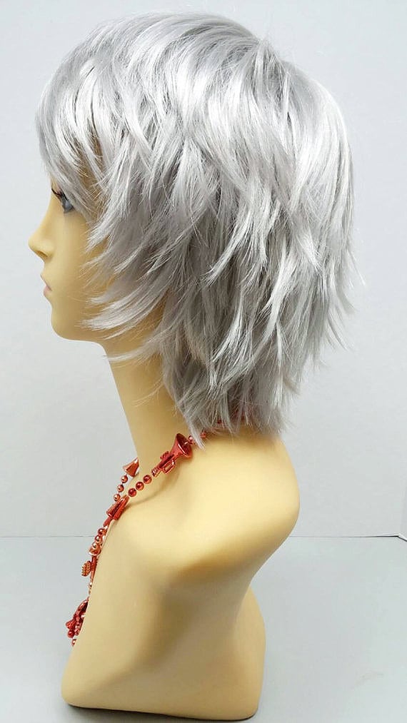 Short Layered Wind Blown Shag Style Silver Costume Anime Cosplay Wig ...