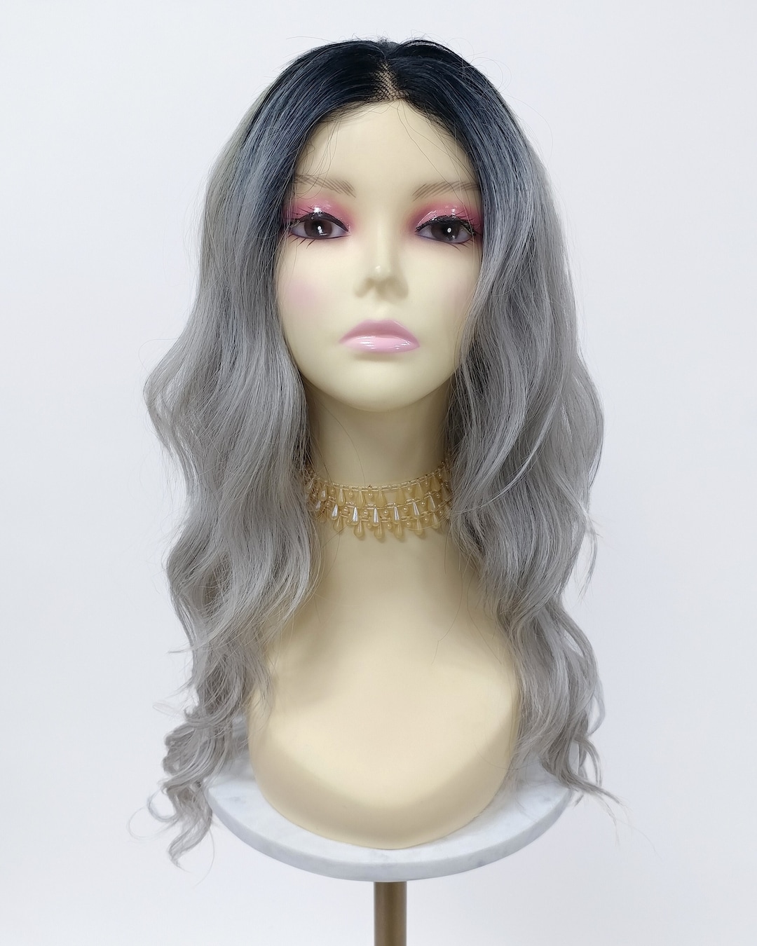 23 Inch Lace Front Green-tinged Gray With Dark Roots Long Wavy Heat ...