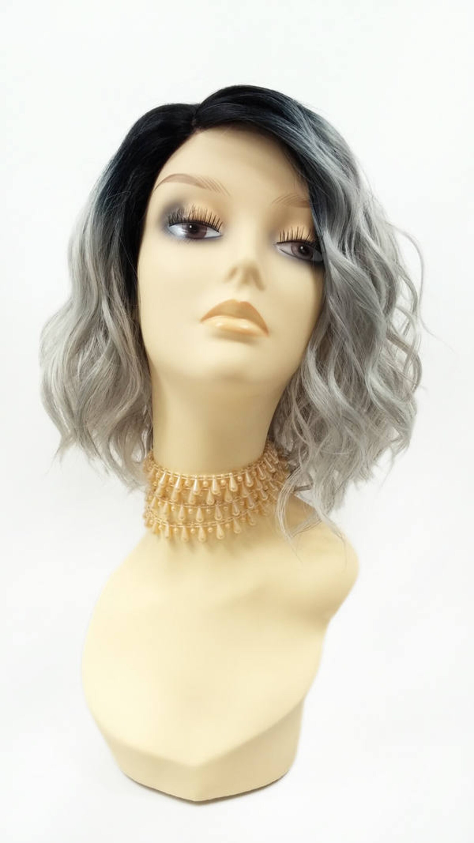 12 Inch Lace Front Grey With Dark Roots Short Wavy Lob Wig - Etsy