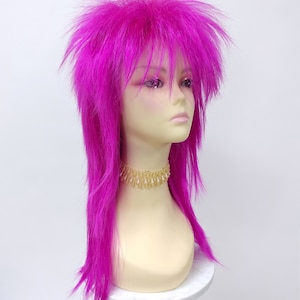 20 Inch Magenta Long Spiky 80s Punk Mullet Rockstar Rocker Costume Wig ...