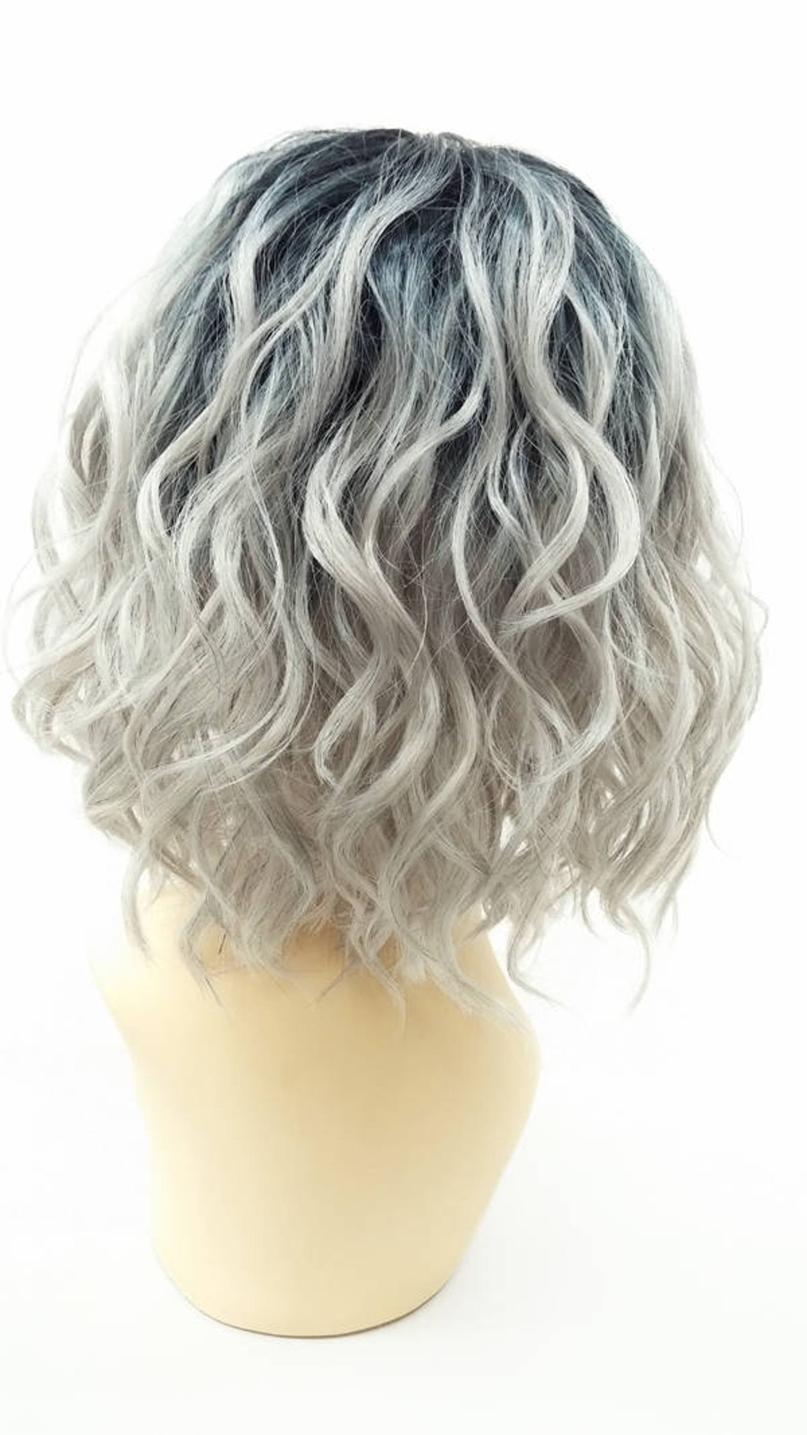 12 Inch Lace Front Grey With Dark Roots Short Wavy Lob Wig - Etsy