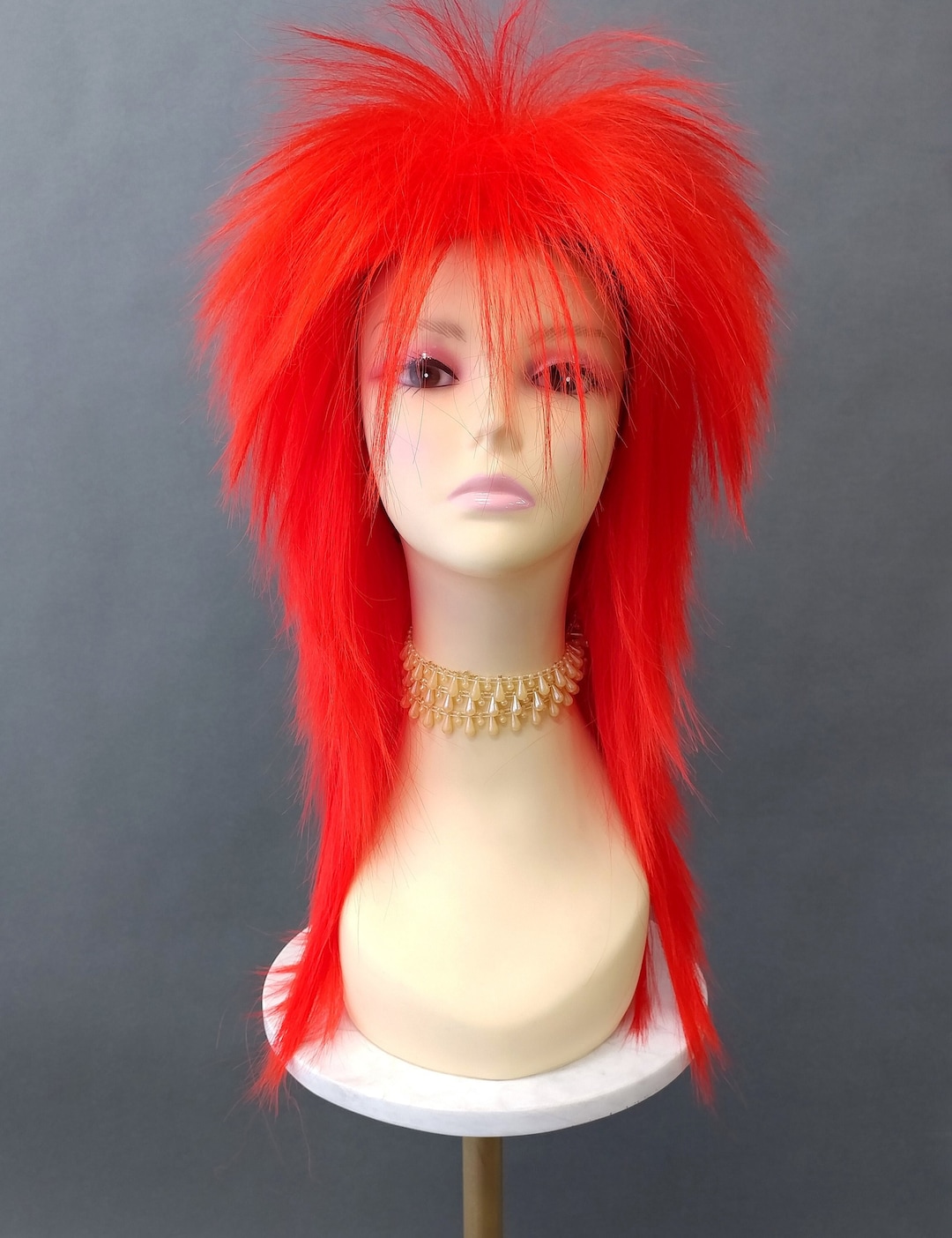 Punk Rock 80s Spiky Costume Wig Red Long Mullet Rockstar Rocker Large ...