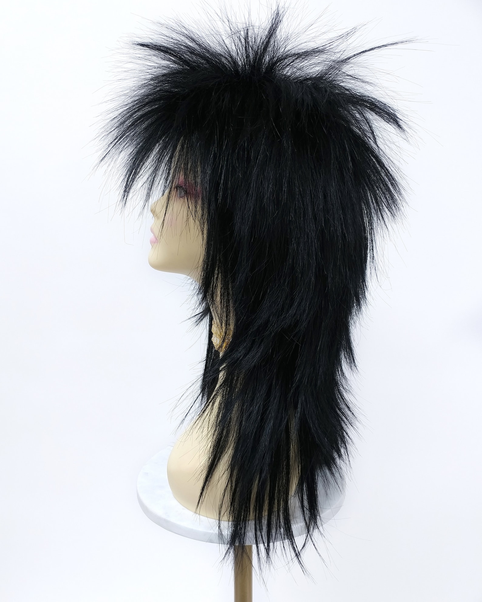 Punk Rock 80s Spiky Costume Wig Black Long Mullet Rockstar Rocker Large ...