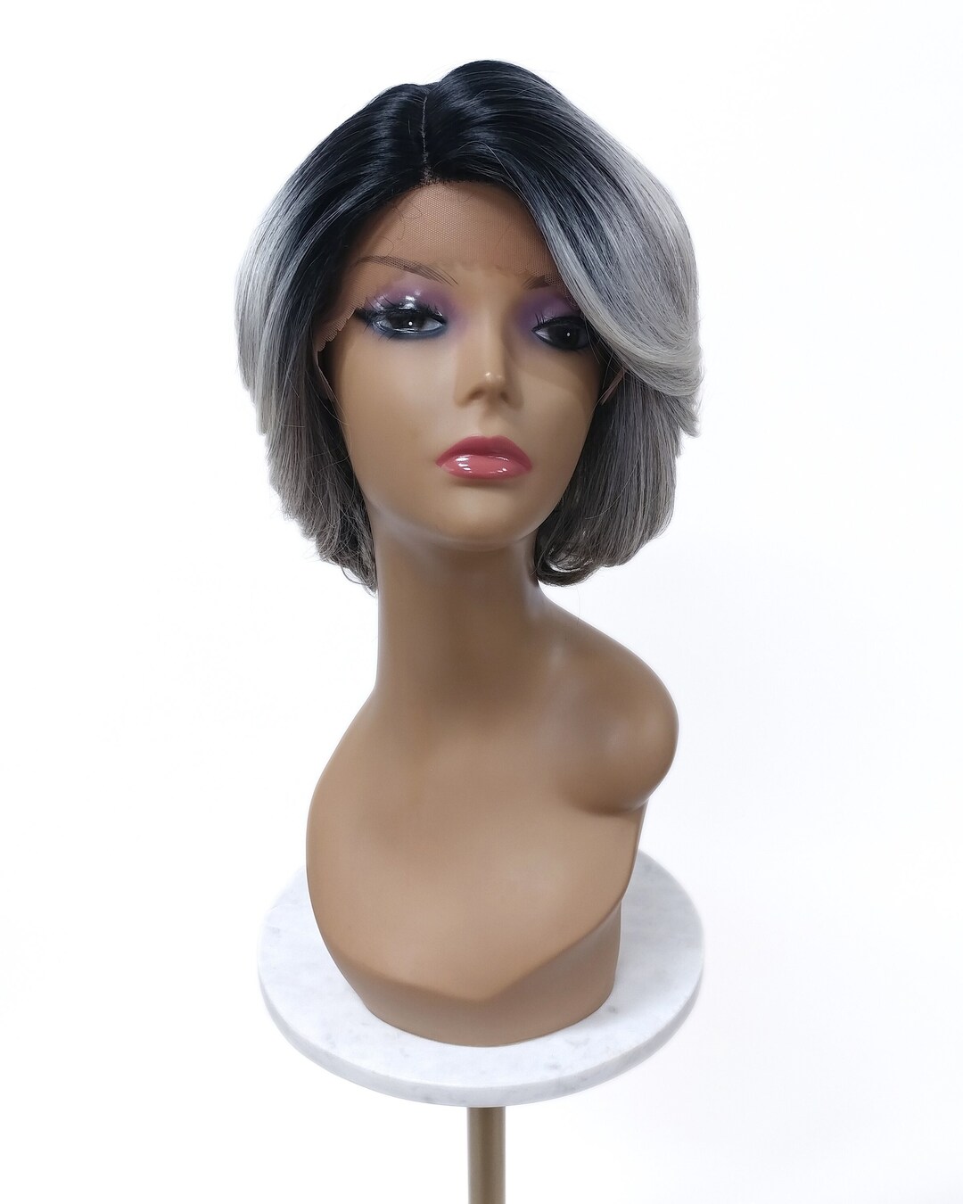 Lace Front Gray With Dark Roots Wig Heat Resistant Straight Side Part ...