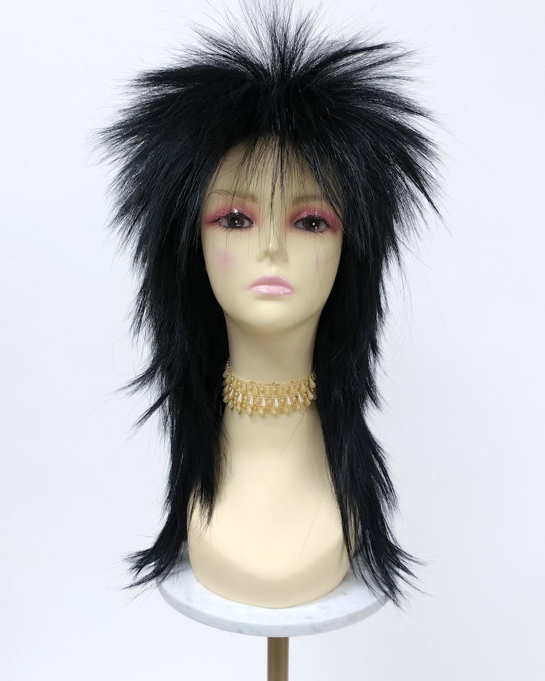 Punk Rock 80s Spiky Costume Wig Black Long Mullet Rockstar Rocker Large Size 20 Inch [04-22-rock ...