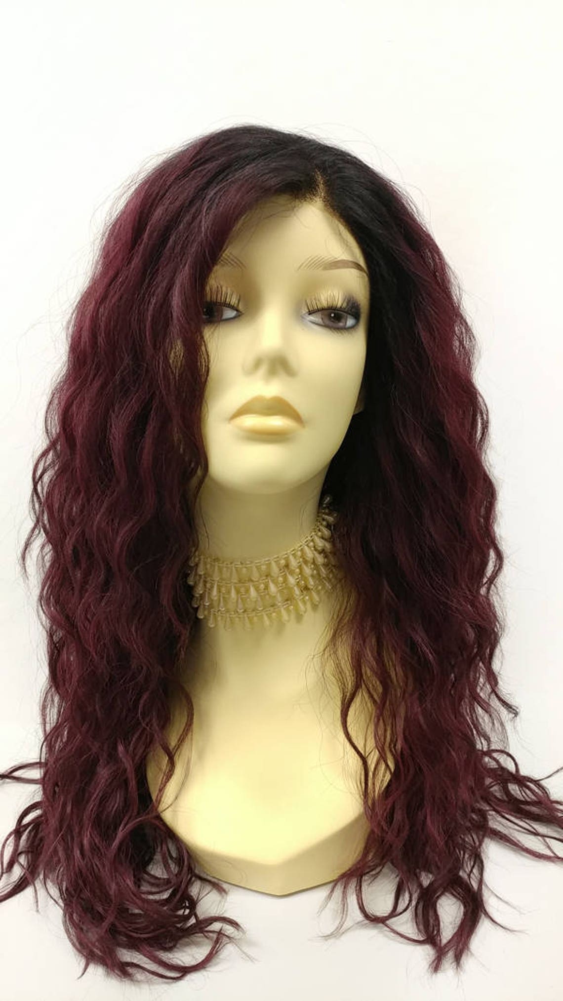 Long 23 Inch Lace Front Wine Color With Dark Roots Layered Beach Waves ...