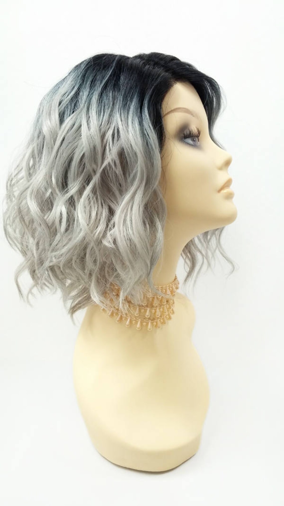 12 Inch Lace Front Grey With Dark Roots Short Wavy Lob Wig - Etsy