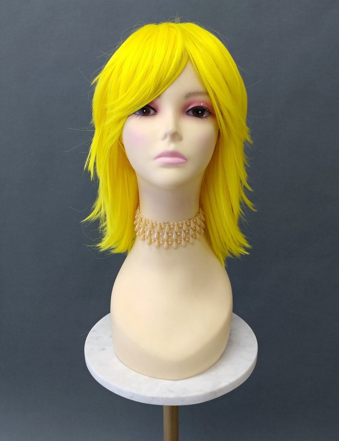 12 Inch Yellow Shag Style Straight and Layered With Bangs Anime Costume ...